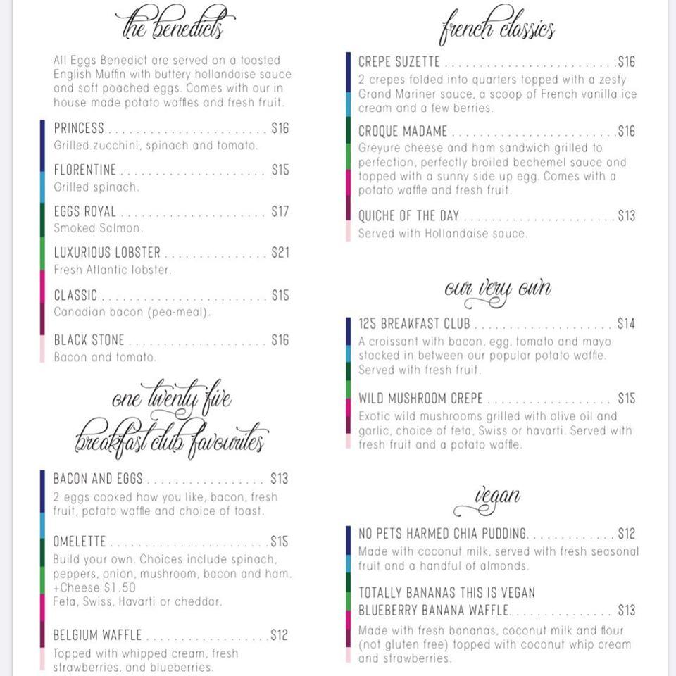 Menu at 125 Breakfast Club, Orillia