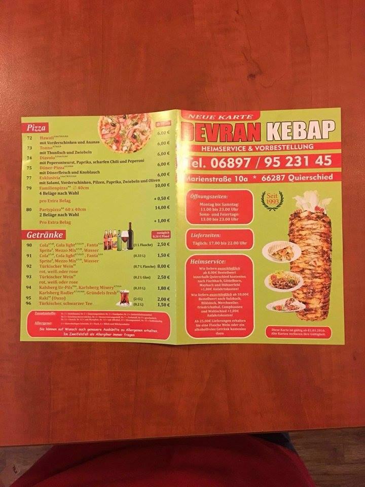 Menu at Bistro Devran Kebab restaurant, Quierschied