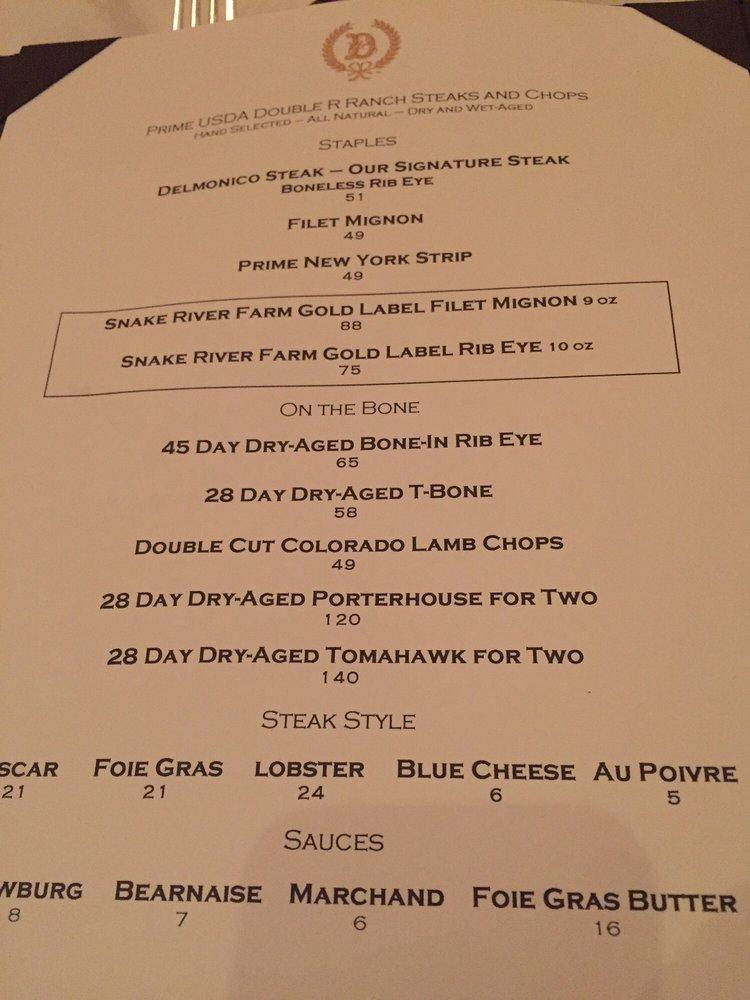 Menu at Delmonico's steakhouse, New York City