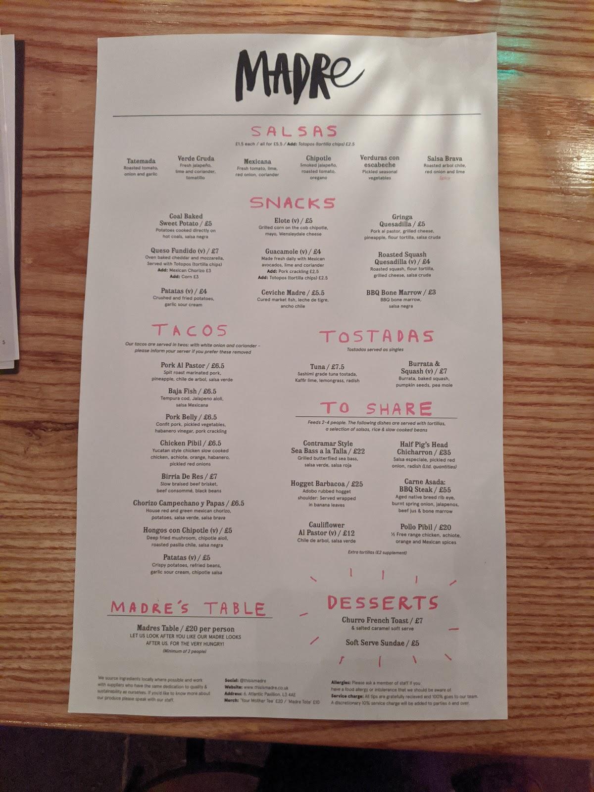 Menu at Madre restaurant, Liverpool