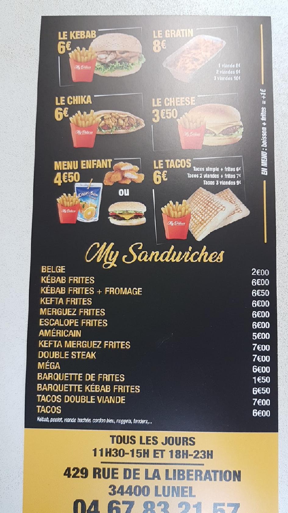 Menu at My délices restaurant, Lunel