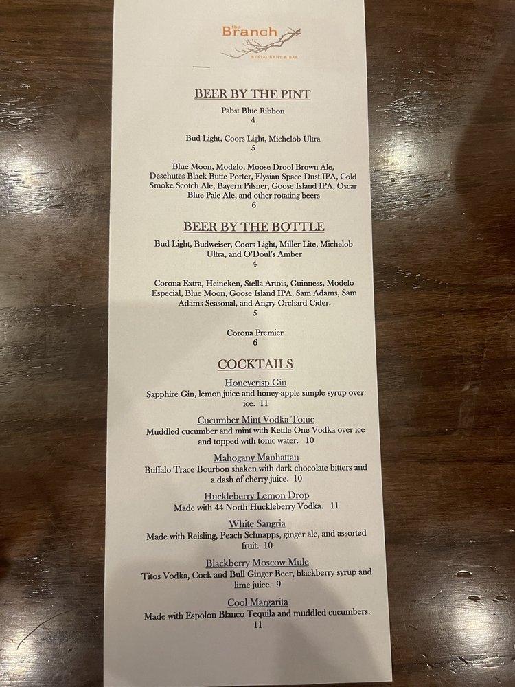 Menu at The Branch Restaurant & Bar, West Yellowstone