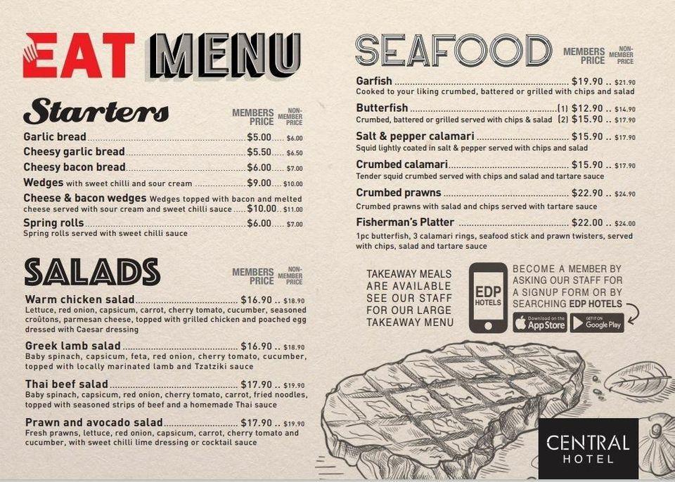 Menu at Central Hotel restaurant, Port Pirie