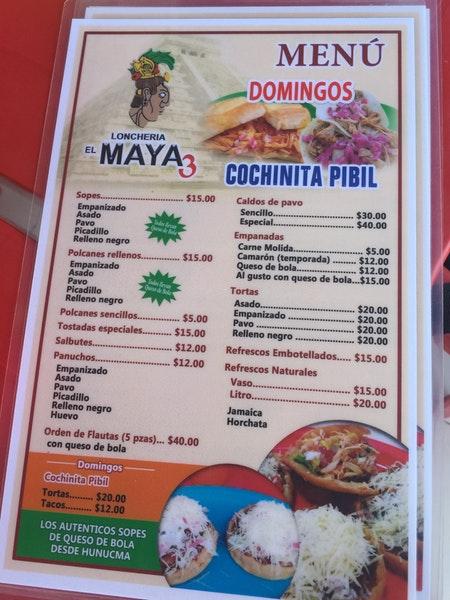 Carta del restaurante El Maya Ciudad Caucel, Merida