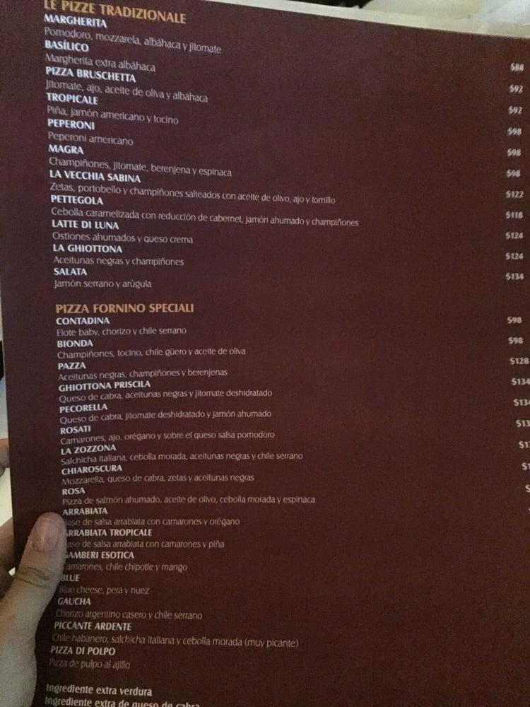 Carta de pizzería Fornino, Zapopan, Av Guadalupe 1269