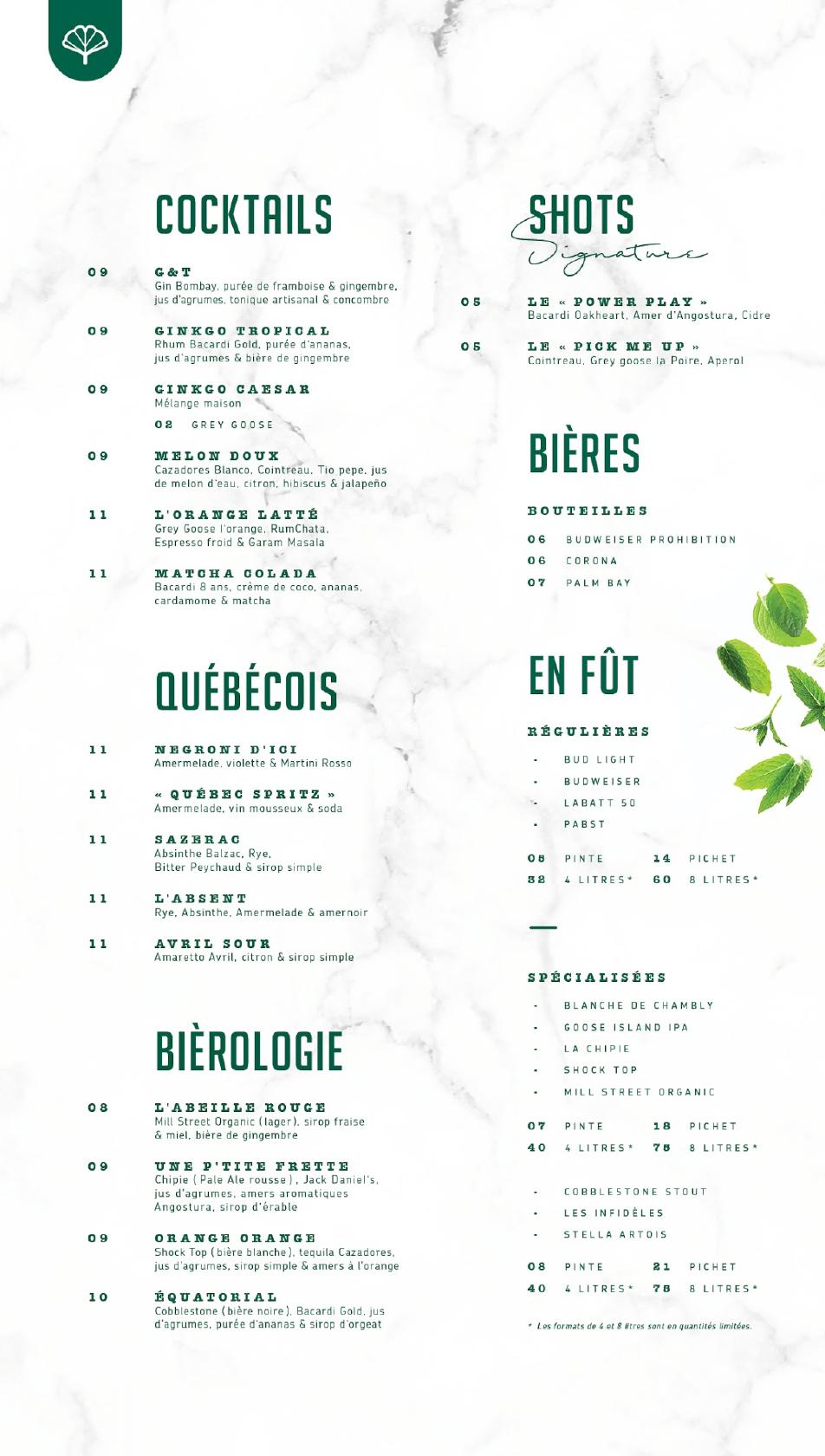 Menu at Ginkgo Café & Bar, Montréal