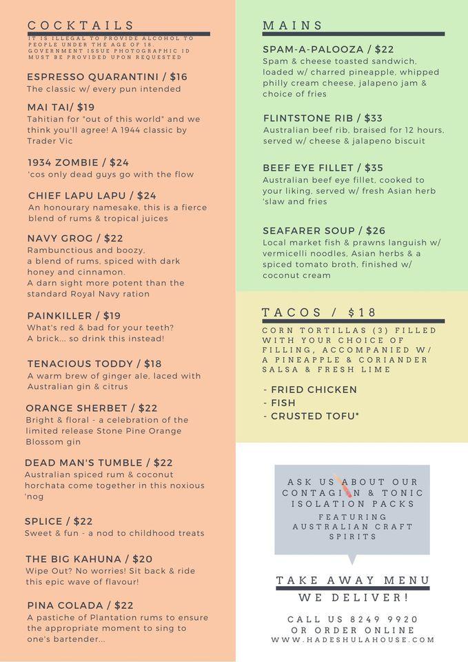 Menu at Hades Hula House restaurant, Semaphore