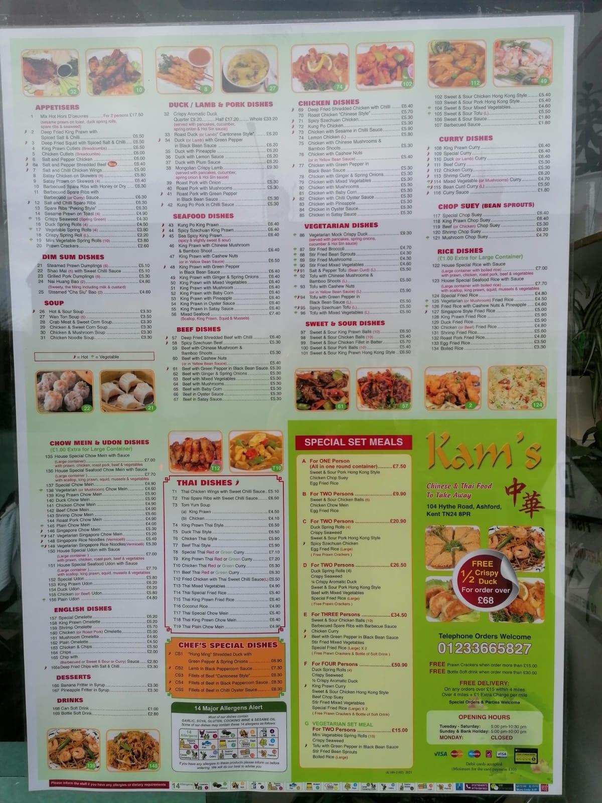 Menu at Kam's Take Away, Ashford