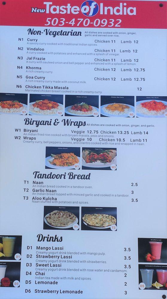 Menu at New Taste of India restaurant, Rockaway Beach