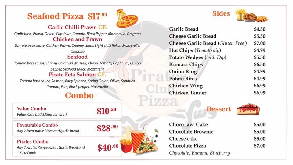 Menu at Pirate Pizza restaurant, Raglan