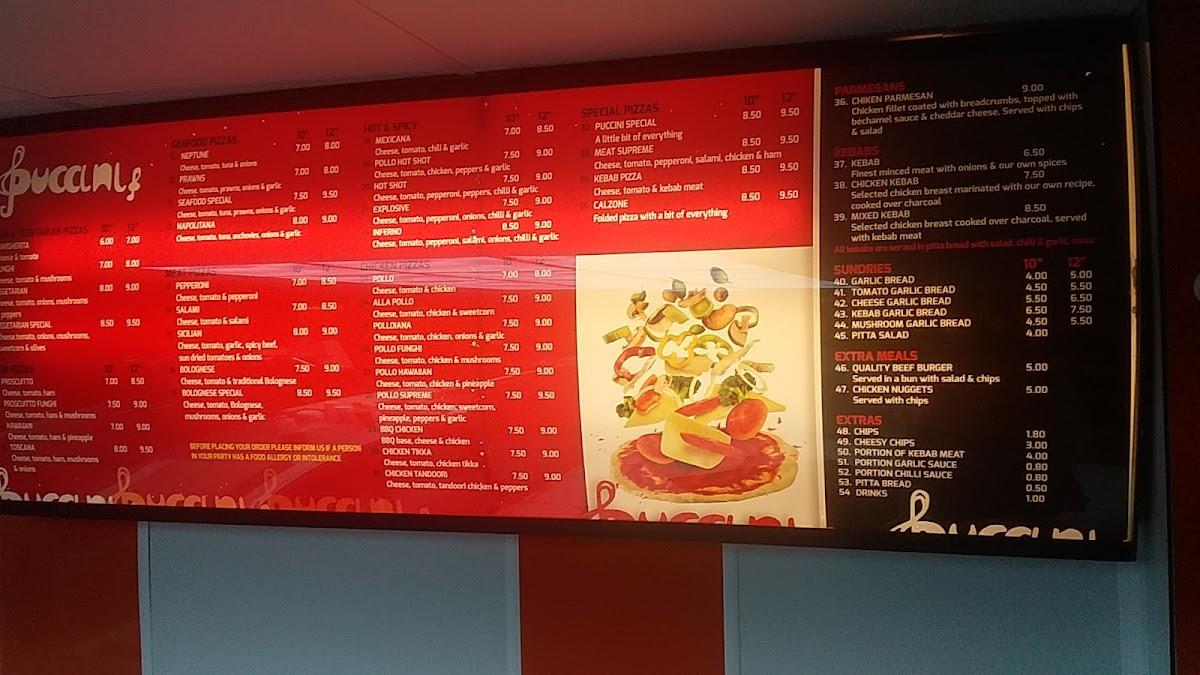 Menu at Puccini's pizzeria, East Boldon