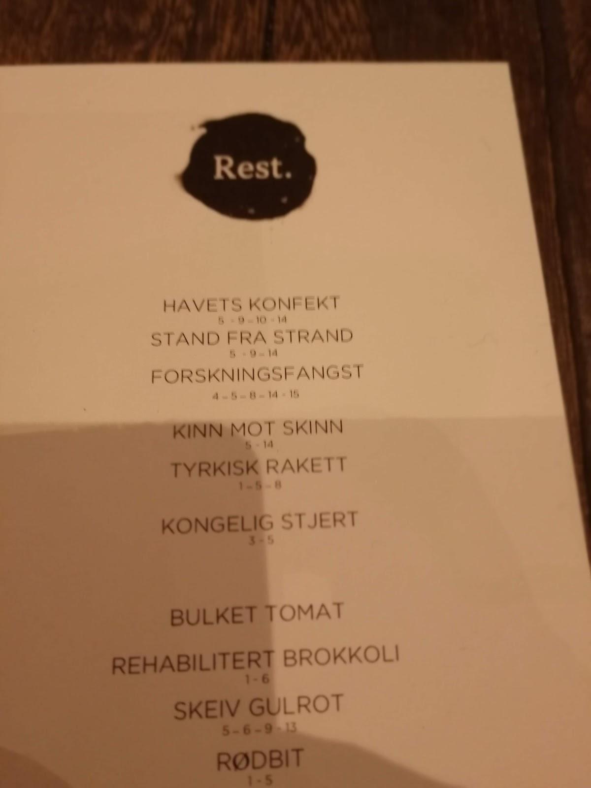 Menu at Rest restaurant, Oslo