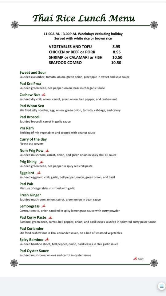 Menu at Thai Rice Restaurant, Cameron Park