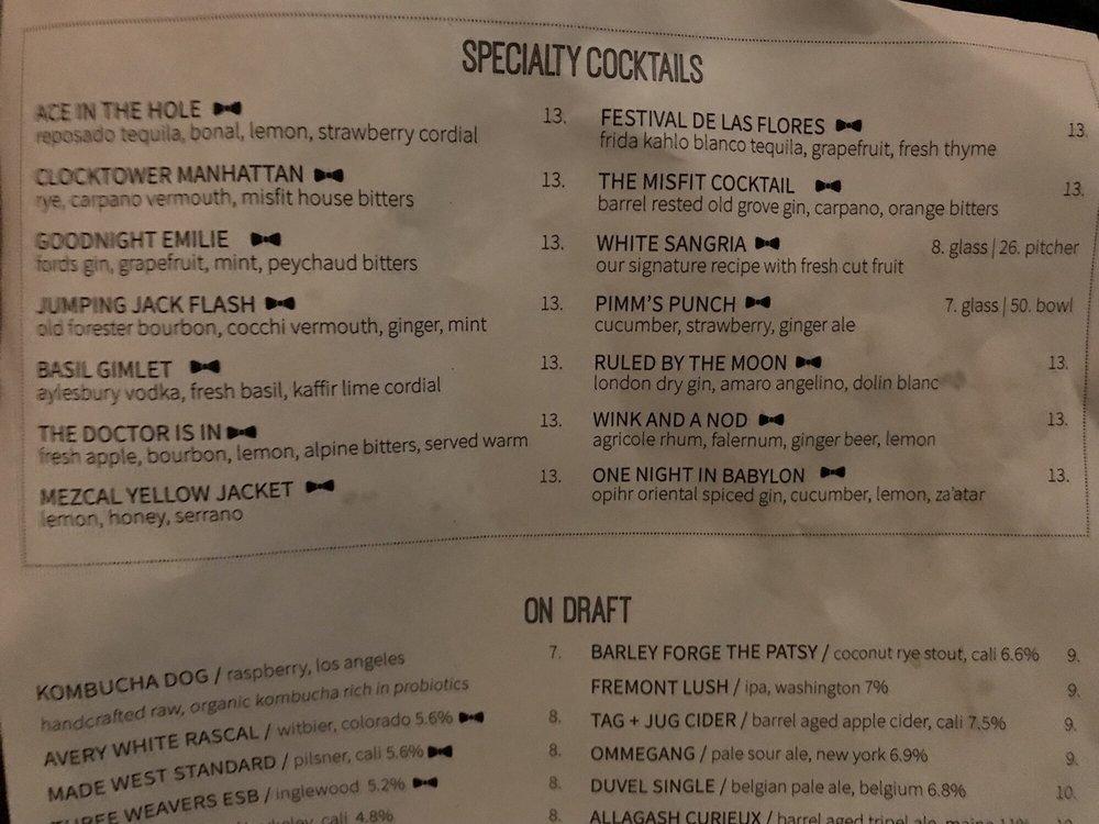 Menu at The Misfit Restaurant + Bar, Santa Monica