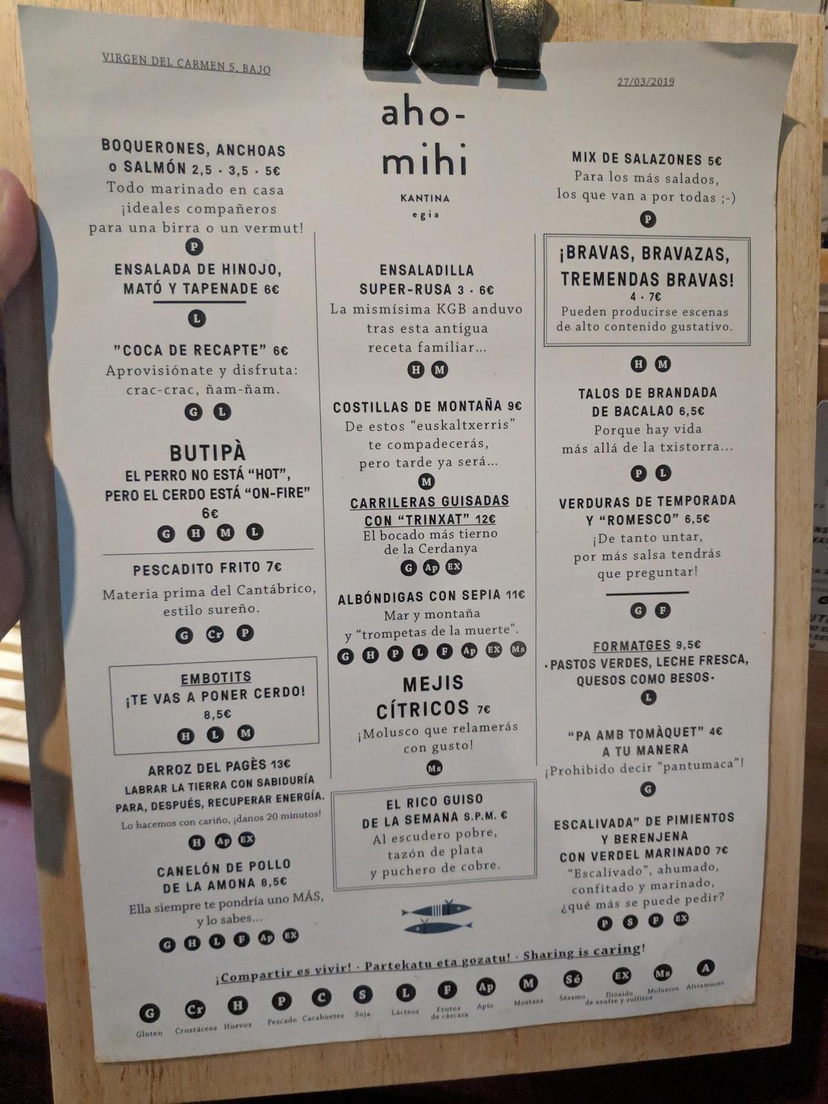 Menu at aho-mihi restaurant, San Sebastián
