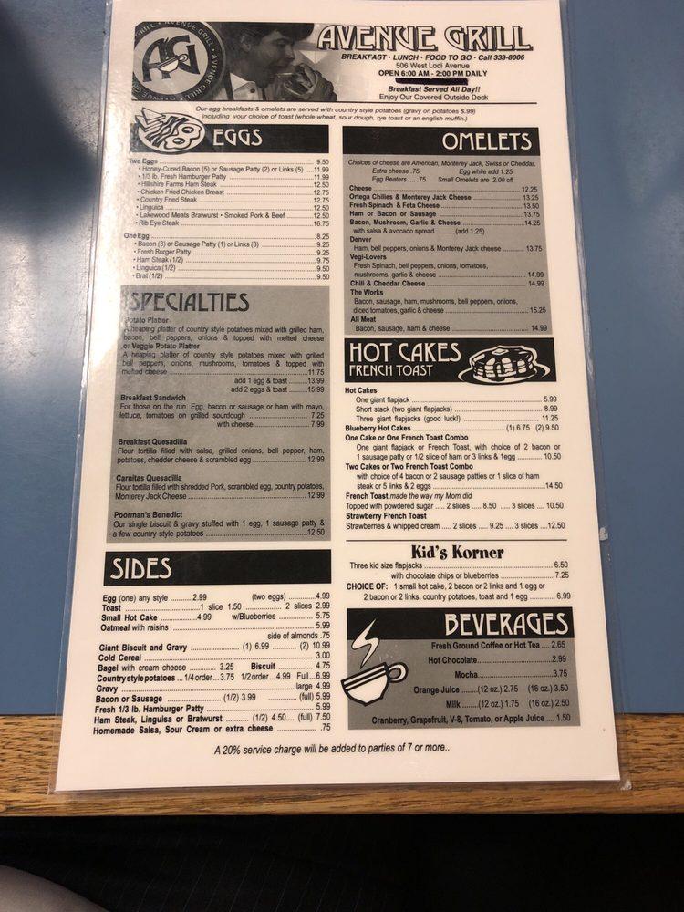 Menu at Avenue Grill restaurant, Lodi