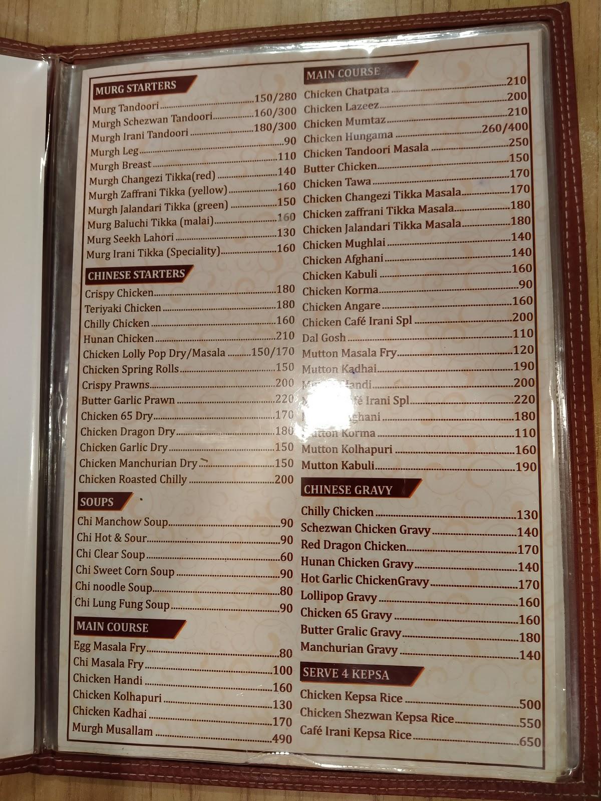 Menu at Cafe Irani, Mumbai, Shop Number 14