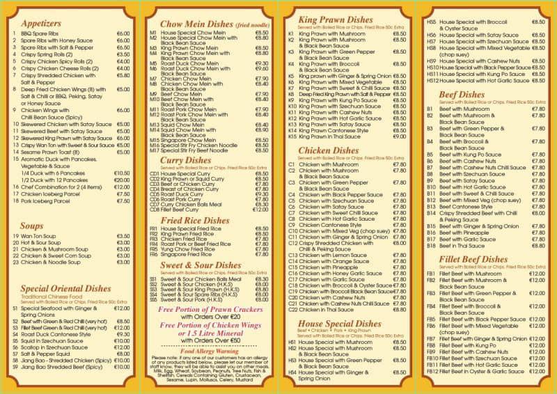 Menu at FuJing Chinese Take Away Collon restaurant, Collon