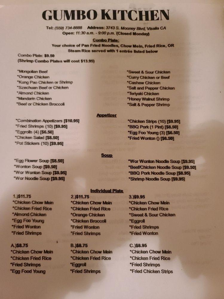 Menu at Gumbo Kitchen Chinese Food restaurant, Visalia