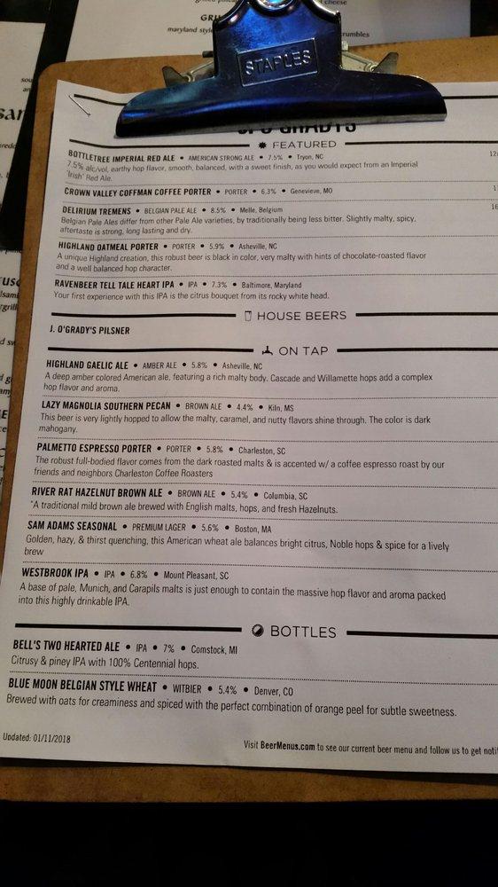 Menu at J O’Gradys pub & bar, Sumter