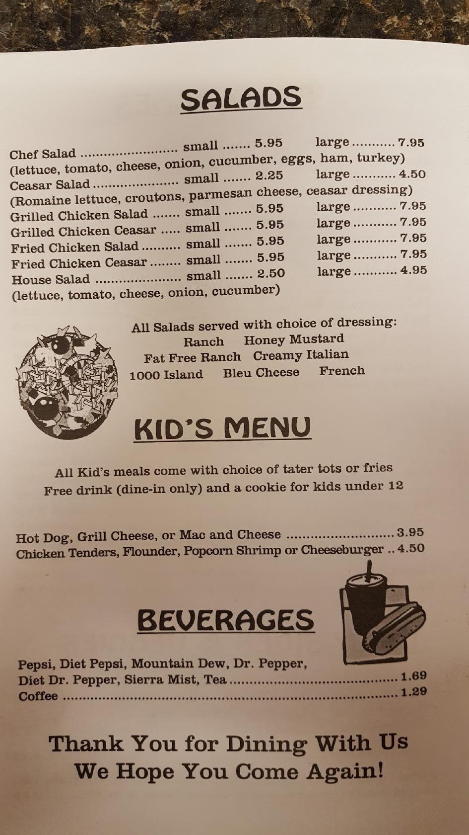 Menu at Matty's restaurant, Elkin