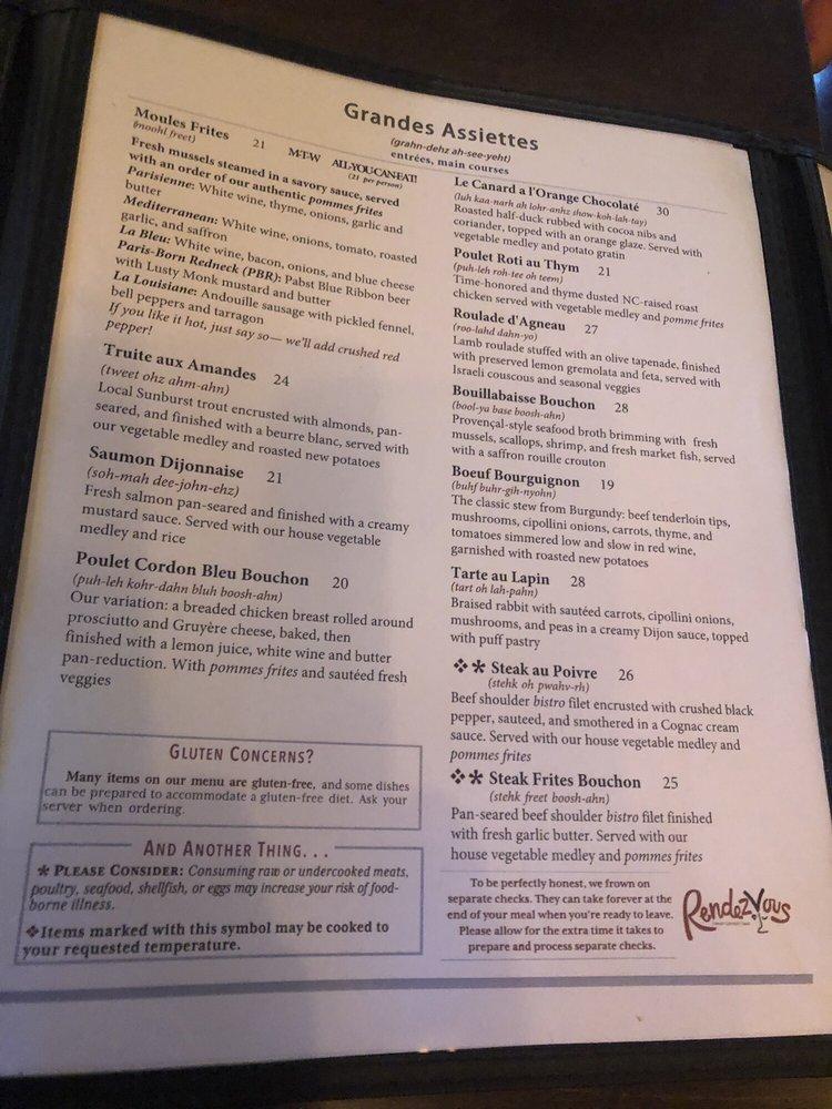 Menu at Rendezvous restaurant, Asheville