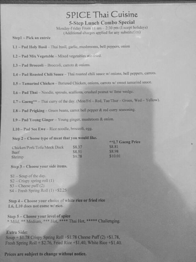 Menu at Spice Thai Cuisine restaurant, Savage
