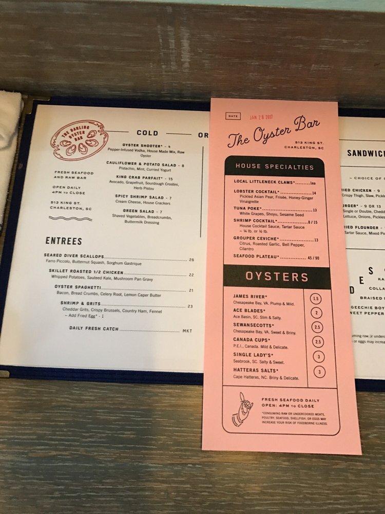 Menu at The Darling Oyster Bar, Charleston