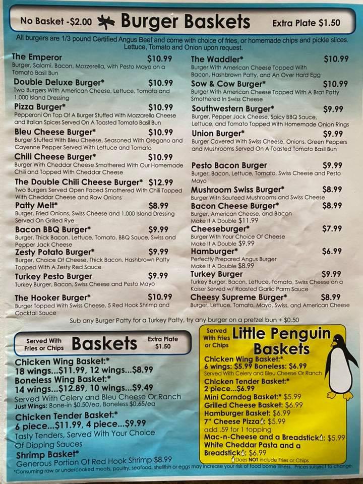 Menu at The Penguin Again pizzeria, Oconto Falls