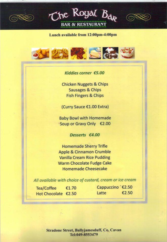 Menu at The Royal Bar., Ballyjamesduff