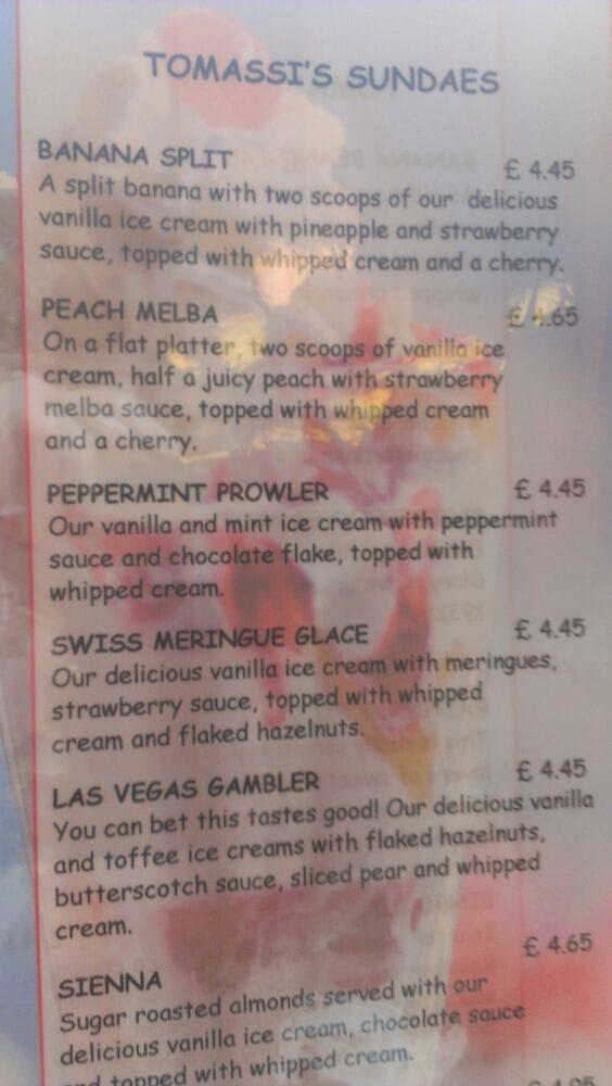 Menu at Tomassi's cafe, Southend-on-Sea
