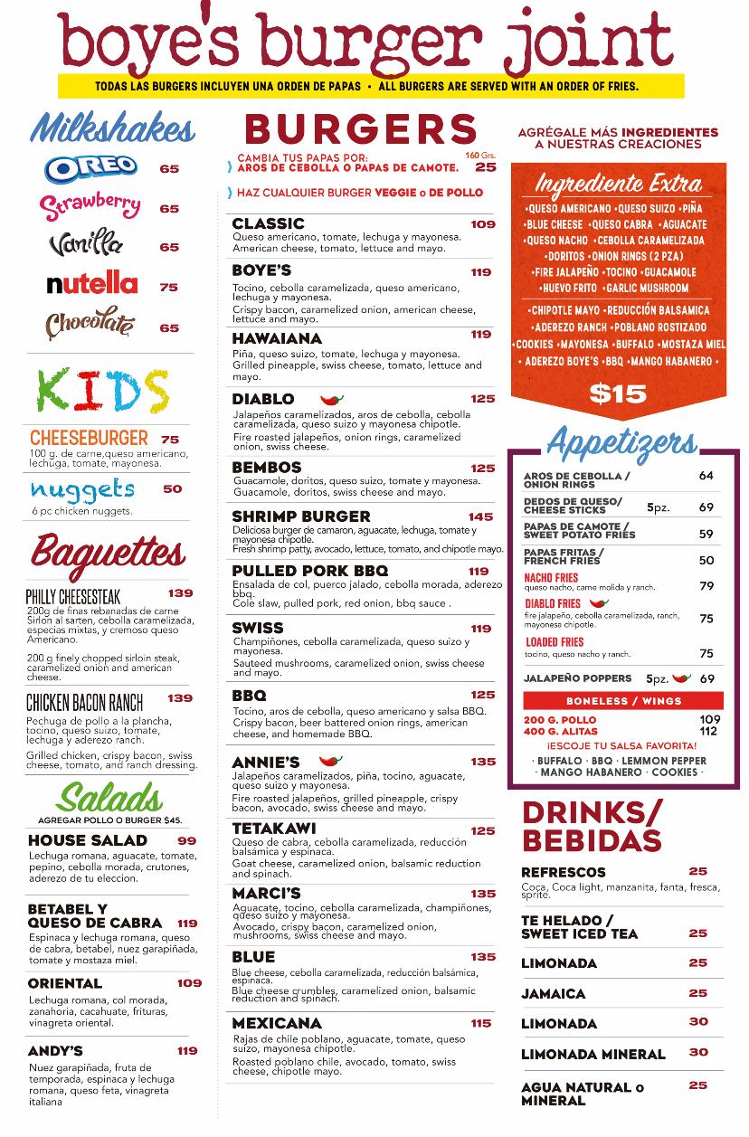 Menu at Boye's - Burgers & Pizza restaurant, San Carlos, Blvd. Manlio ...