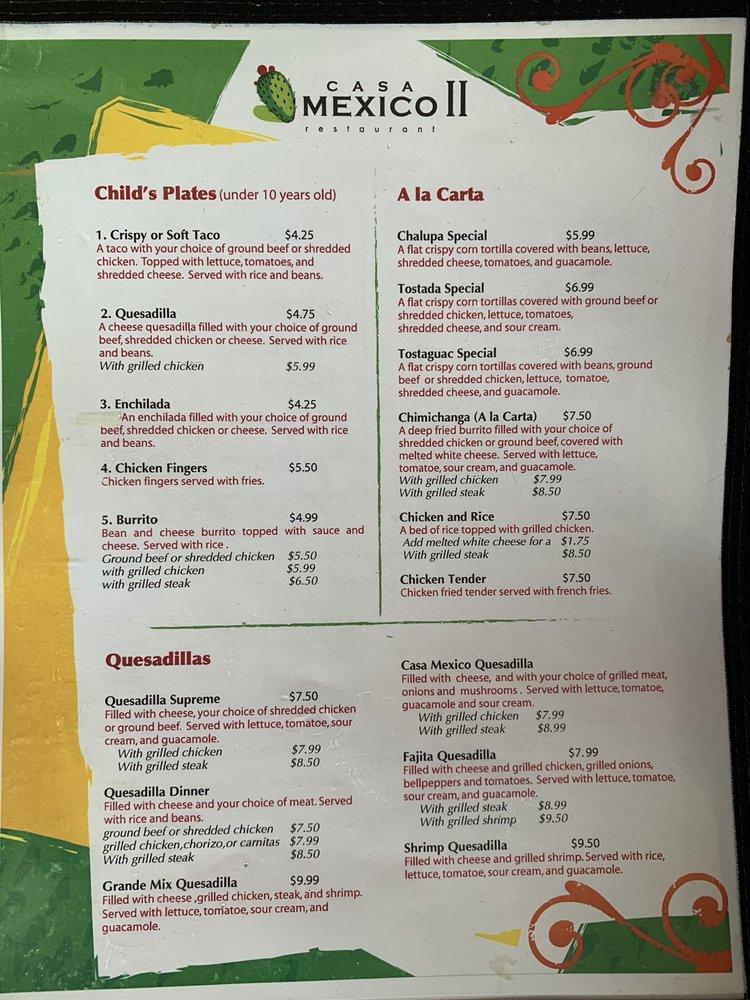 Menu at Casa Mexico II restaurant, Warner Robins