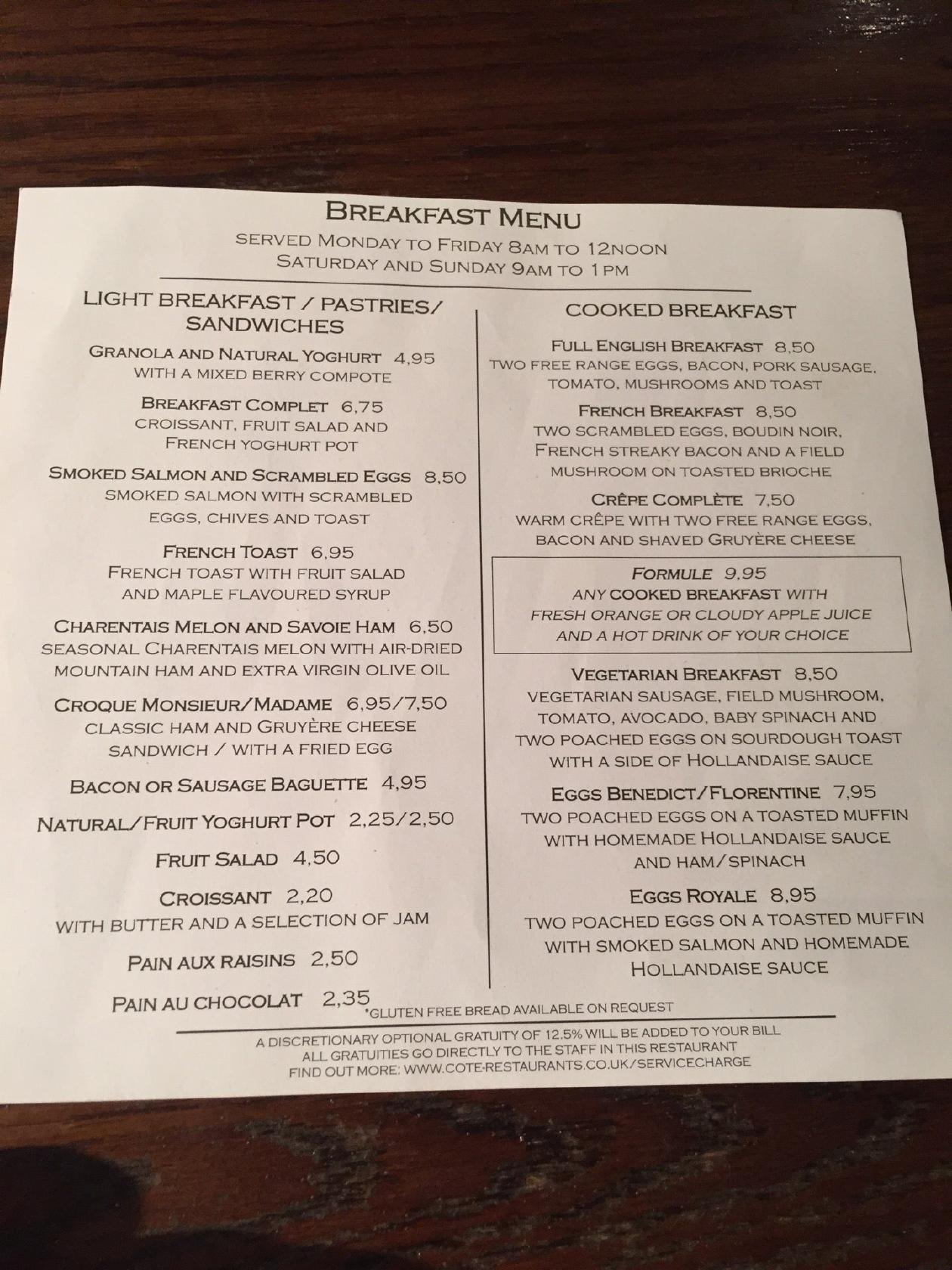 Menu at Côte Kensington pub & bar, London, 47 Kensington Ct