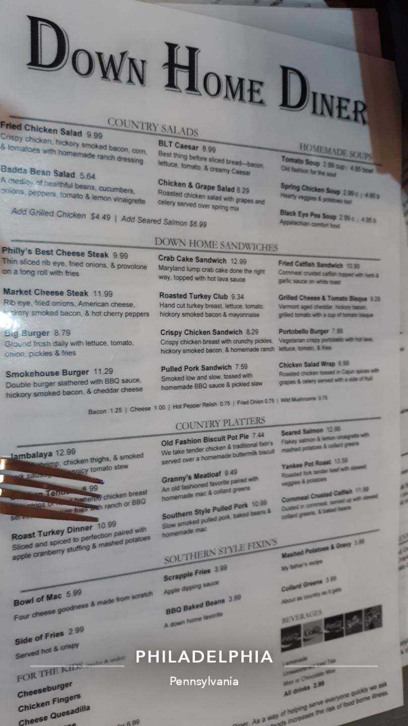 Menu at Down Home Diner restaurant, Philadelphia