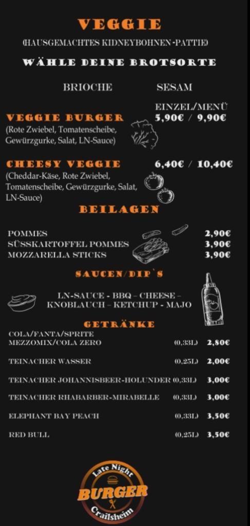 Menu at Late Night Burger restaurant, Crailsheim