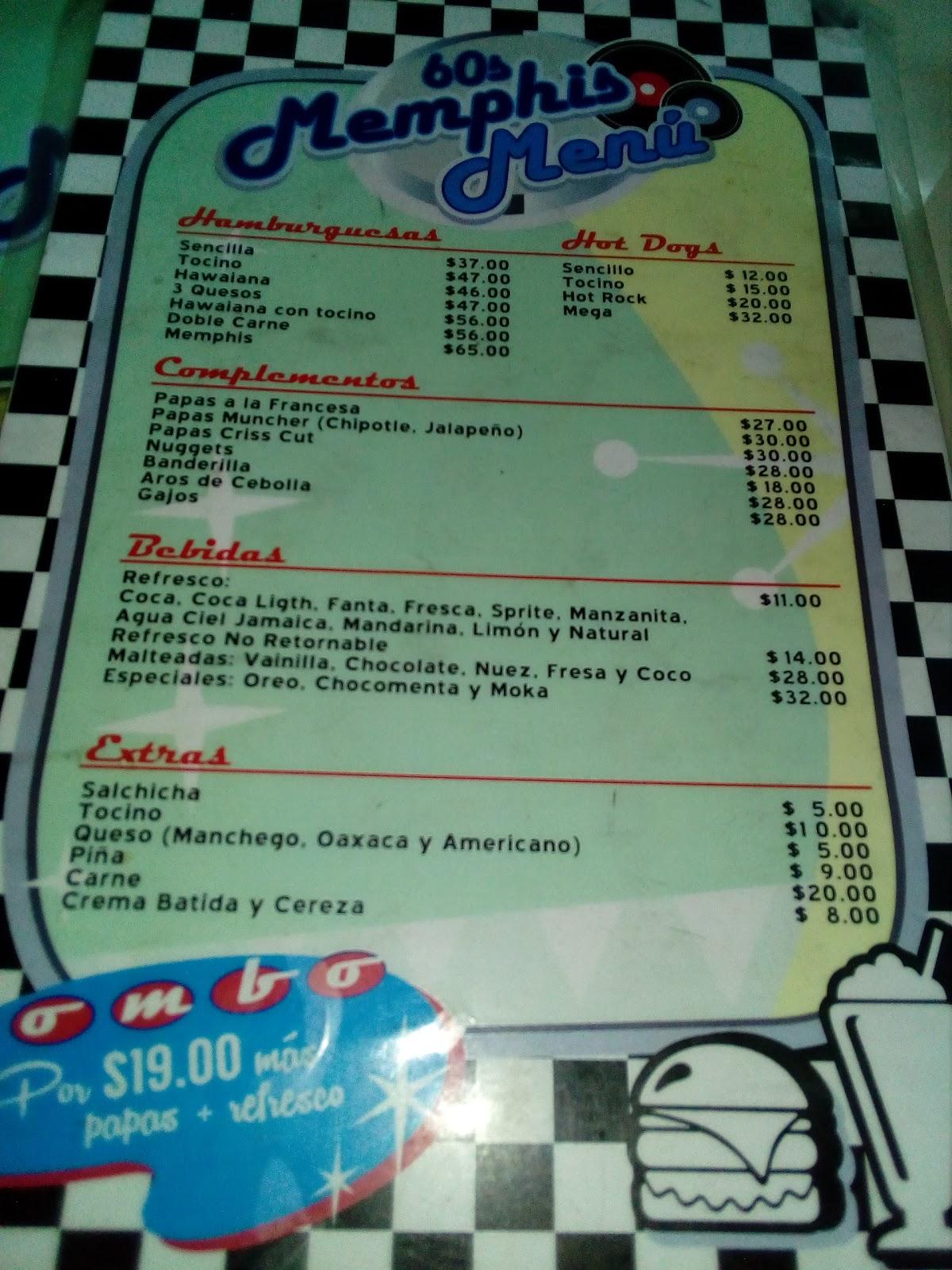 Menu at Memphis Burger 60's restaurant, Aguascalientes