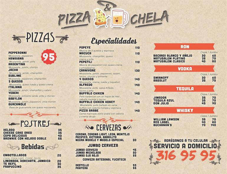 Menu at Pizza & Chela pizzeria, Merida