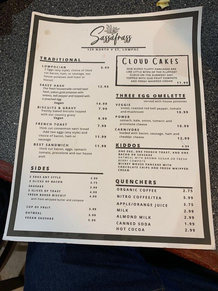 Menu at Sassafrass Lompoc restaurant, Lompoc