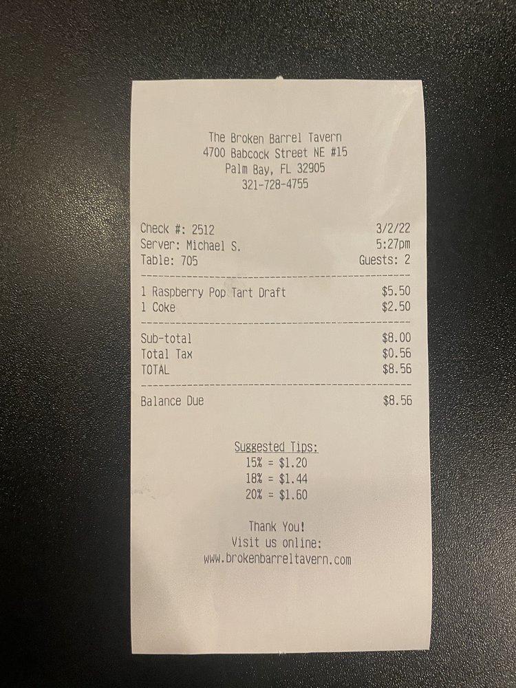 Menu at The Broken Barrel Tavern, Palm Bay