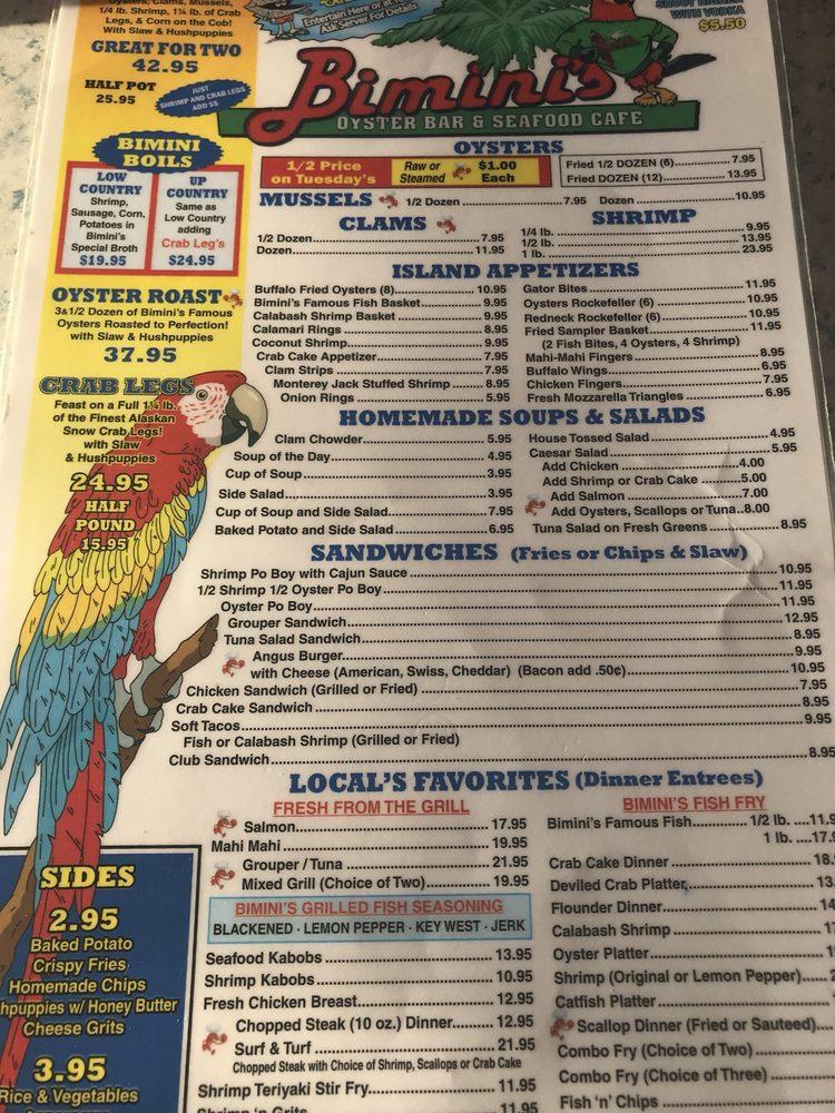 Menu at Bimini's Oyster Bar & Seafood Cafe, Greenville