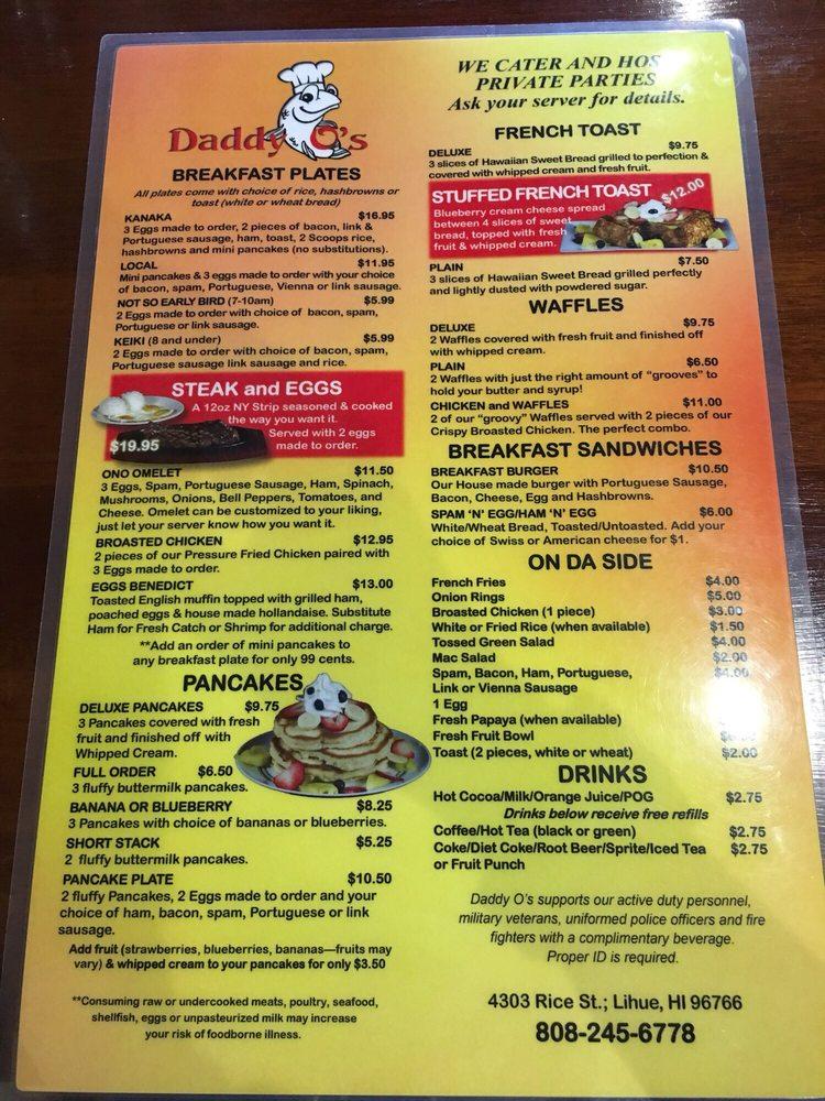 Menu at Daddy O's Restaurant, Lihue