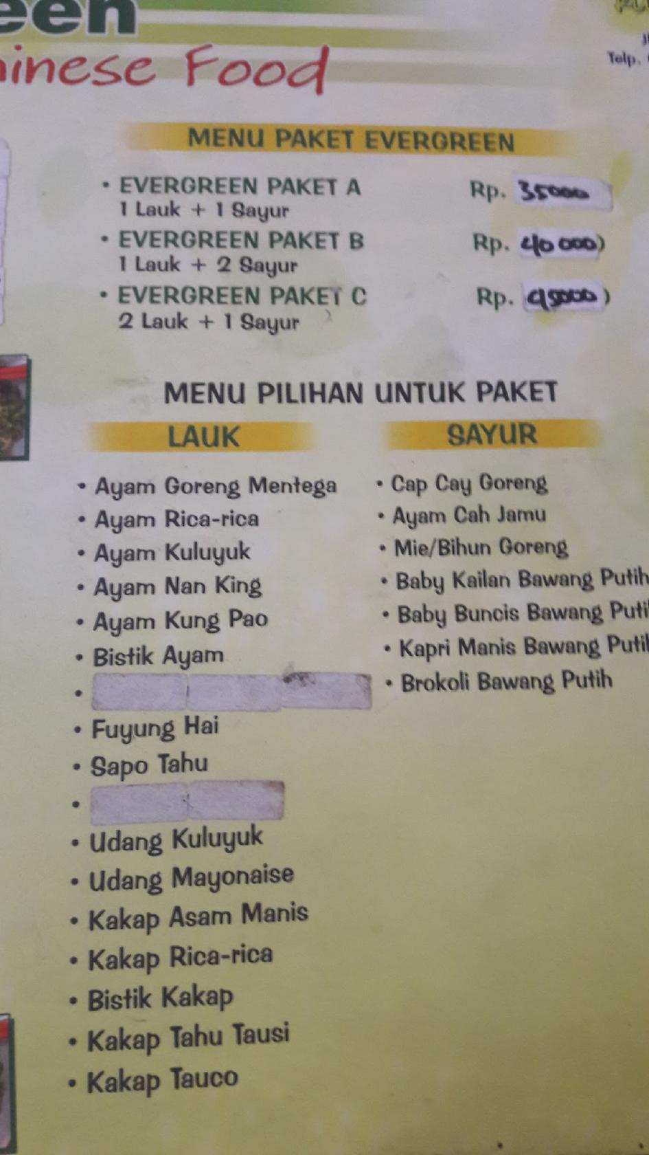 Menu at Evergreen Chinese Food restaurant, Padalarang