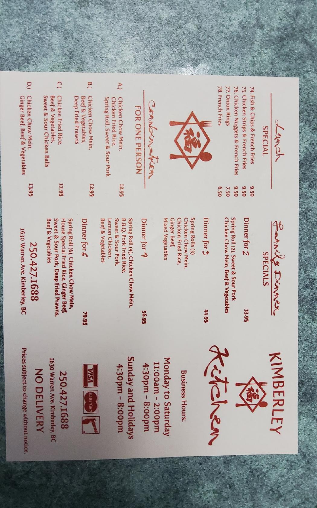 Menu at Kimberley Kitchen restaurant, Kimberley