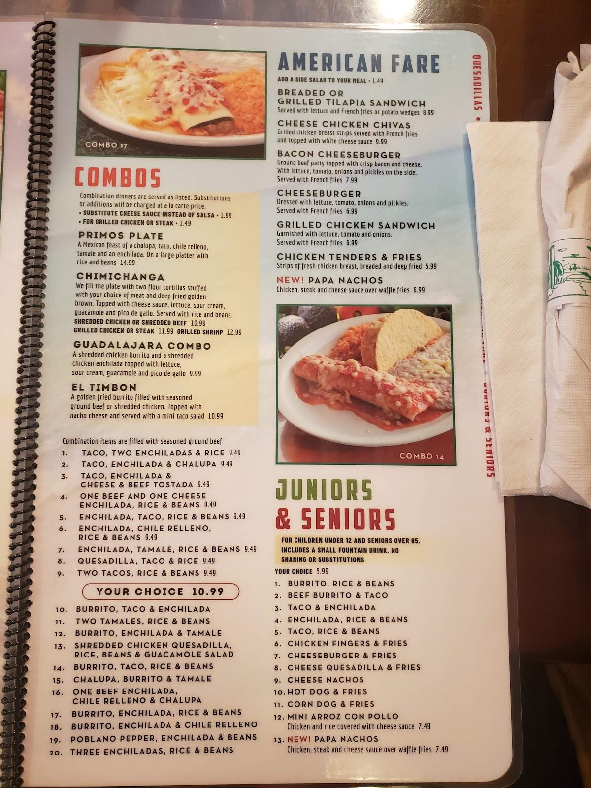 Menu at Los Primos Mexican restaurant, Hidden Valley