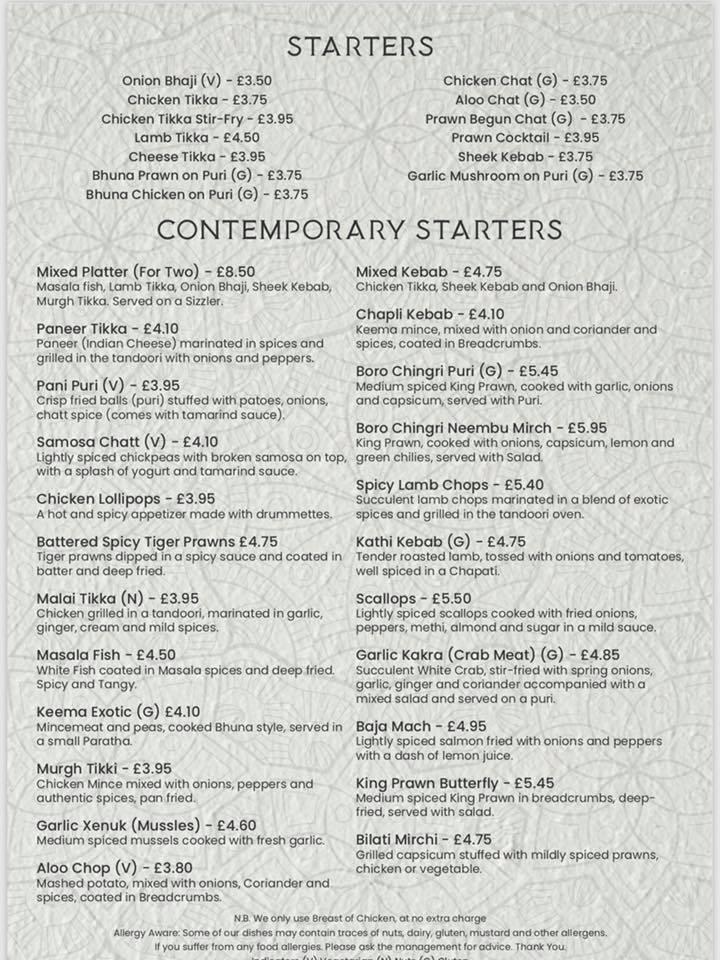 Menu at Radhuni restaurant, South Shields