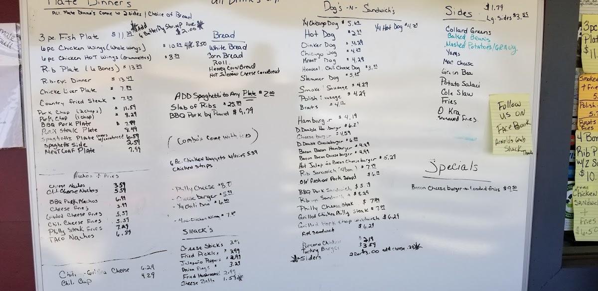 Menu at Arnold's Grub Shack restaurant, Paducah