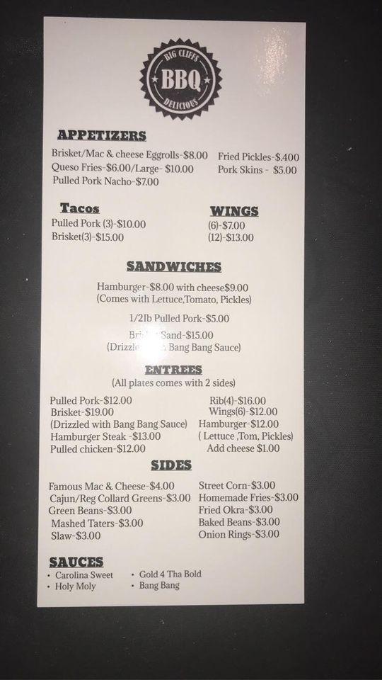 Menu at Big Cliff's BBQ, Central