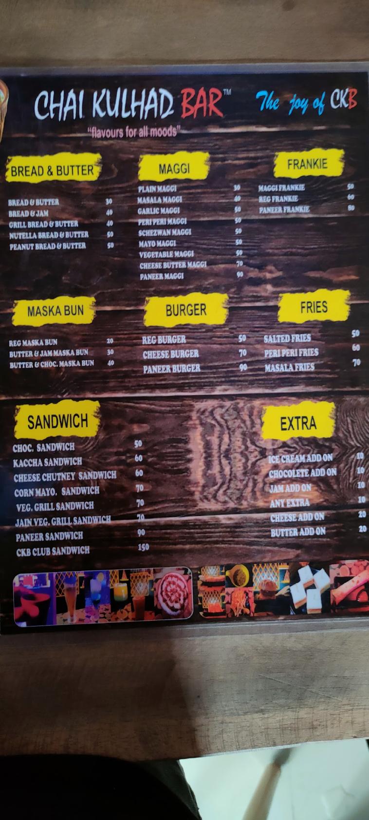 Menu at Chai Kulhad Bar, Vapi