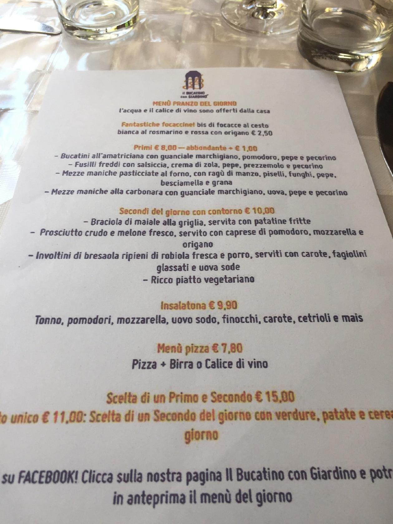 Menu da Il Bucatino Con Giardino ristorante, Milano